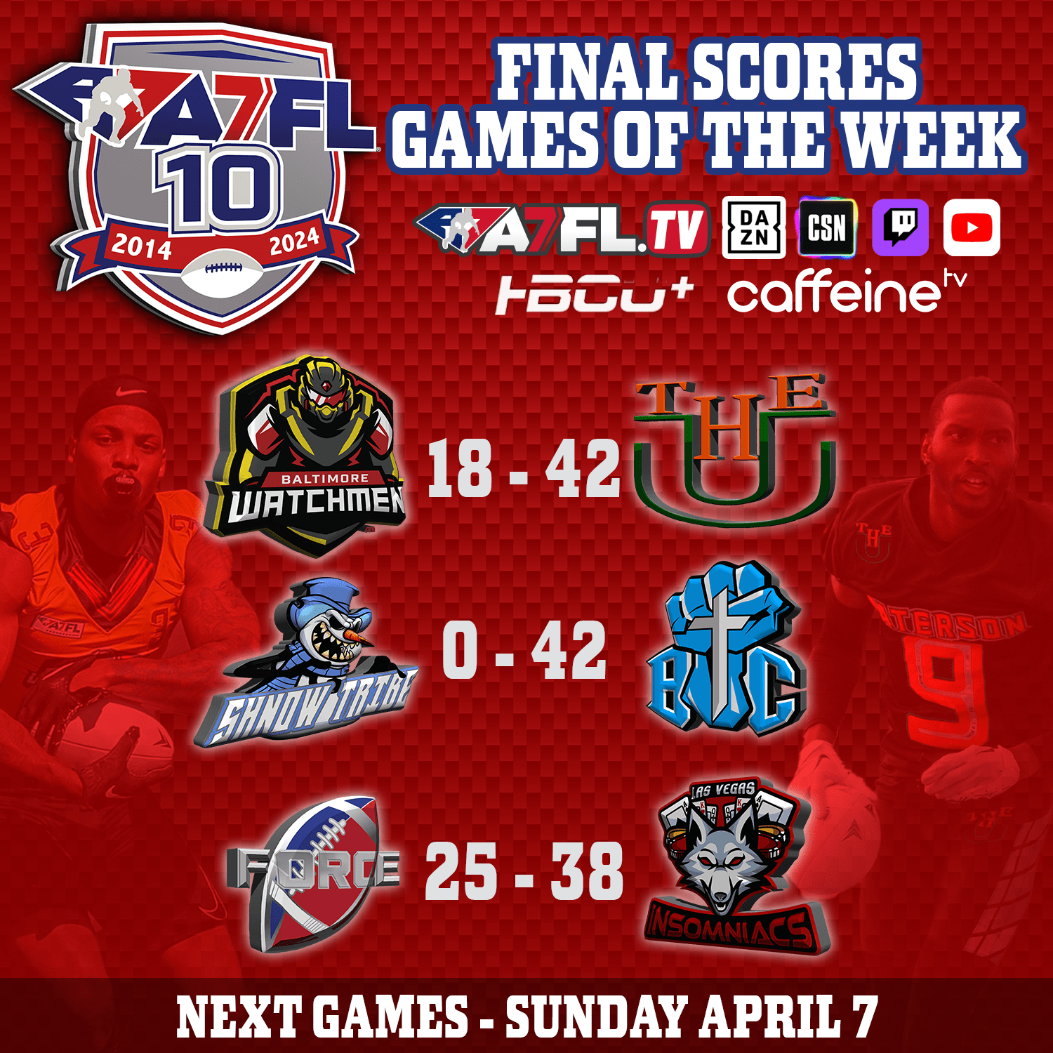 A7FL 2024 Matchups WK-1_1-1 Final Scores - A7FL